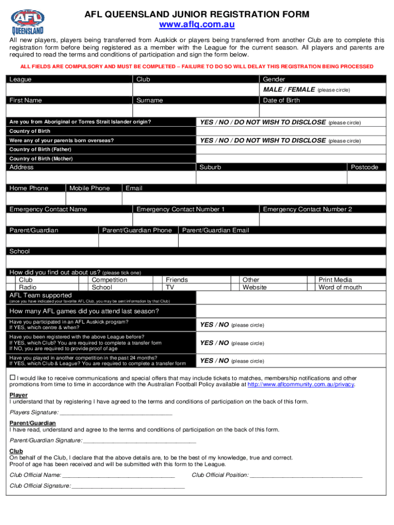 Fillable Online AFL Queensland Junior Registration Form Fax Email Print ...