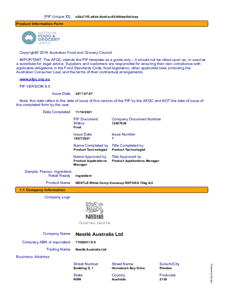 Fillable Online PRODUCT INFORMATION FORM VERSION 6 (PIF V6) ... Fax ...