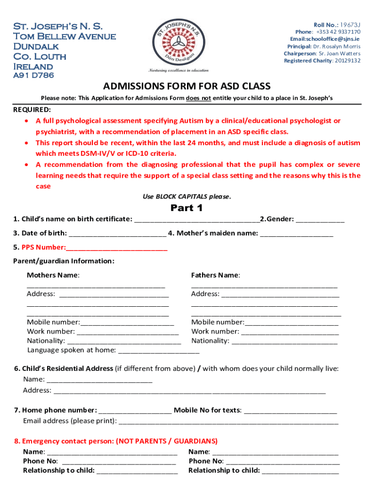 Fillable Online ADMISSIONS FORM FOR ASD CLASS Fax Email Print - pdfFiller