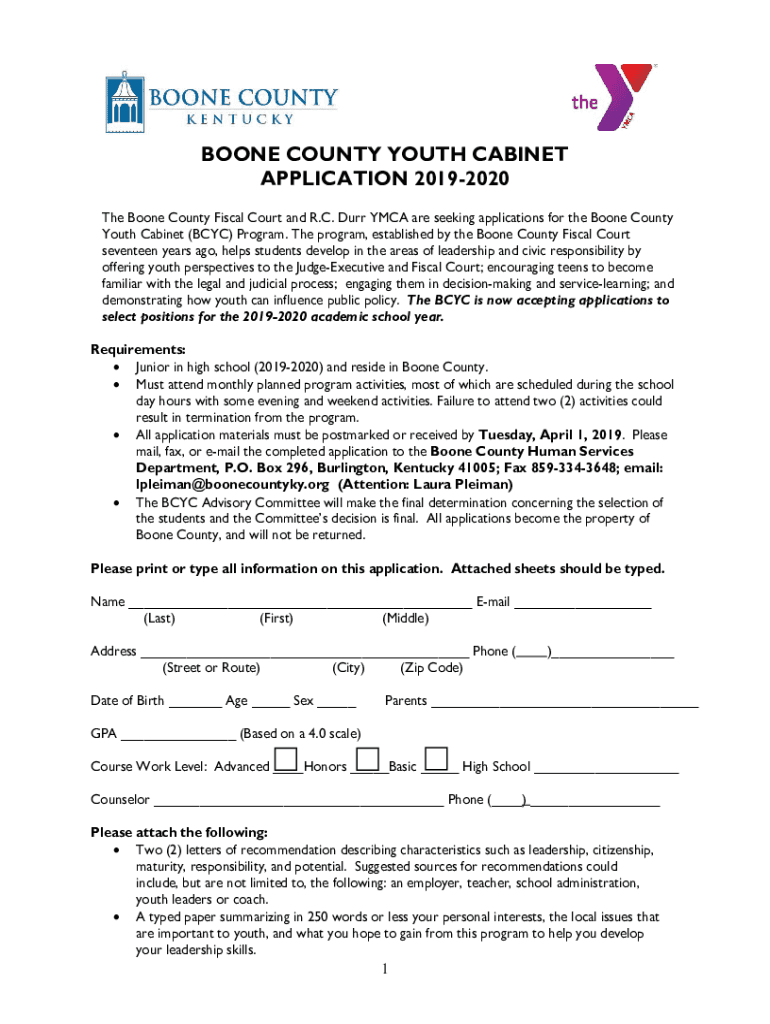 Fillable Online Boone County Youth Cabinet prepares tomorrow's leaders ... Fax Email Print ...