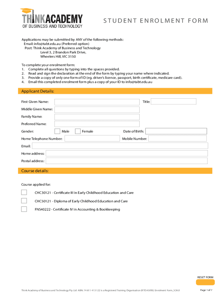 Fillable Online STUDENT ENROLMENT FORM - Nationally Recognised Certificate ... Fax Email Print ...