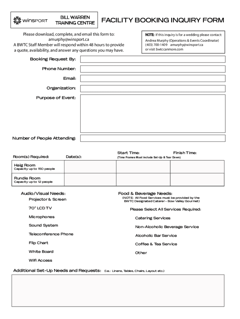 Fillable Online BWTC Facility Booking Inquiry Form Fax Email Print ...