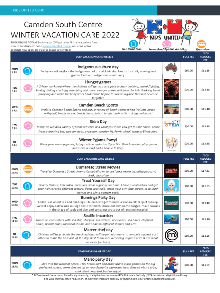 Fillable Online Vacancies at Kids United OSHC - Camden South - Toddle ...