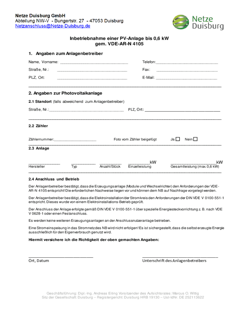 Ausfüllbar Online Inbetriebnahme einer PV-Anlage bis 0,6 kW gem. VDE-AR- ... Fax Email Drucken ...