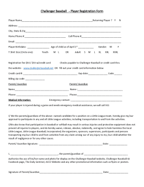 Fillable Online Player Registration Form - Challenger Baseball Fax ...