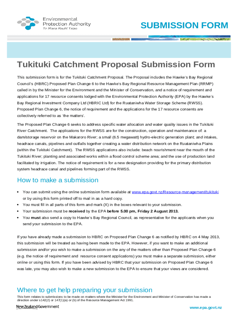 Tukituki Catchment Proposal Submission Doc Template | pdfFiller