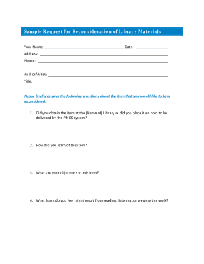 Fillable Online Sample Request for Reconsideration of Library Materials Fax Email Print - pdfFiller