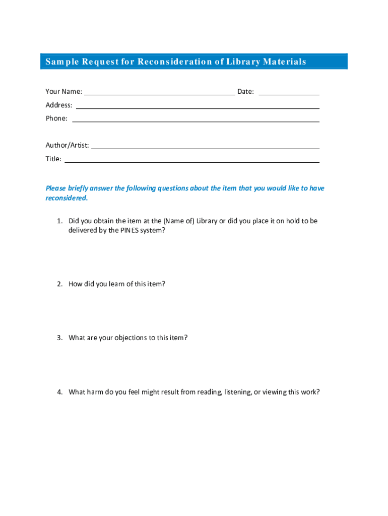 Fillable Online Sample Request for Reconsideration of Library Materials Fax Email Print - pdfFiller