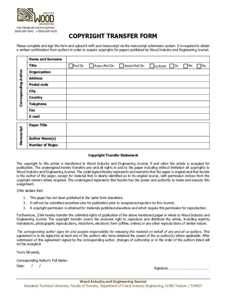 Fillable Online Wood Industry and Engineering Copyright Transfer Form.docx Fax Email Print ...