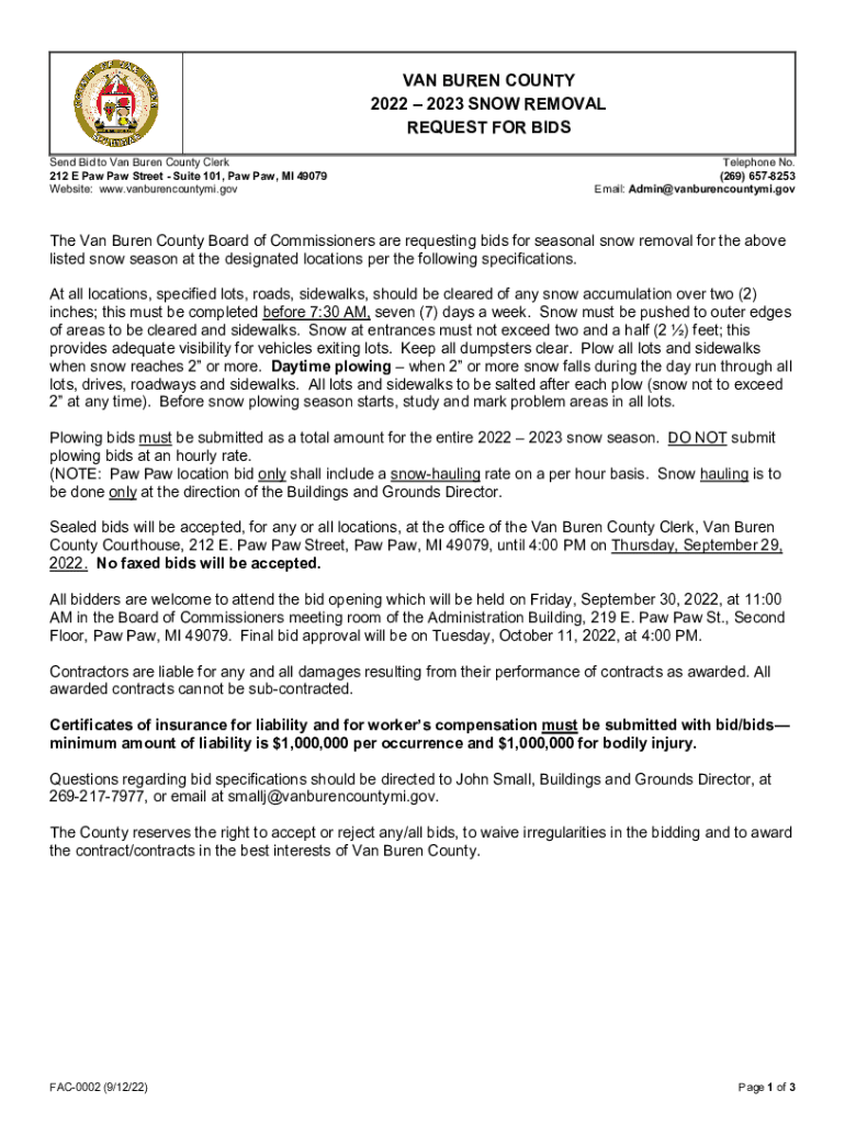 Fillable Online van buren county 20222023 snow removal request for bids ...
