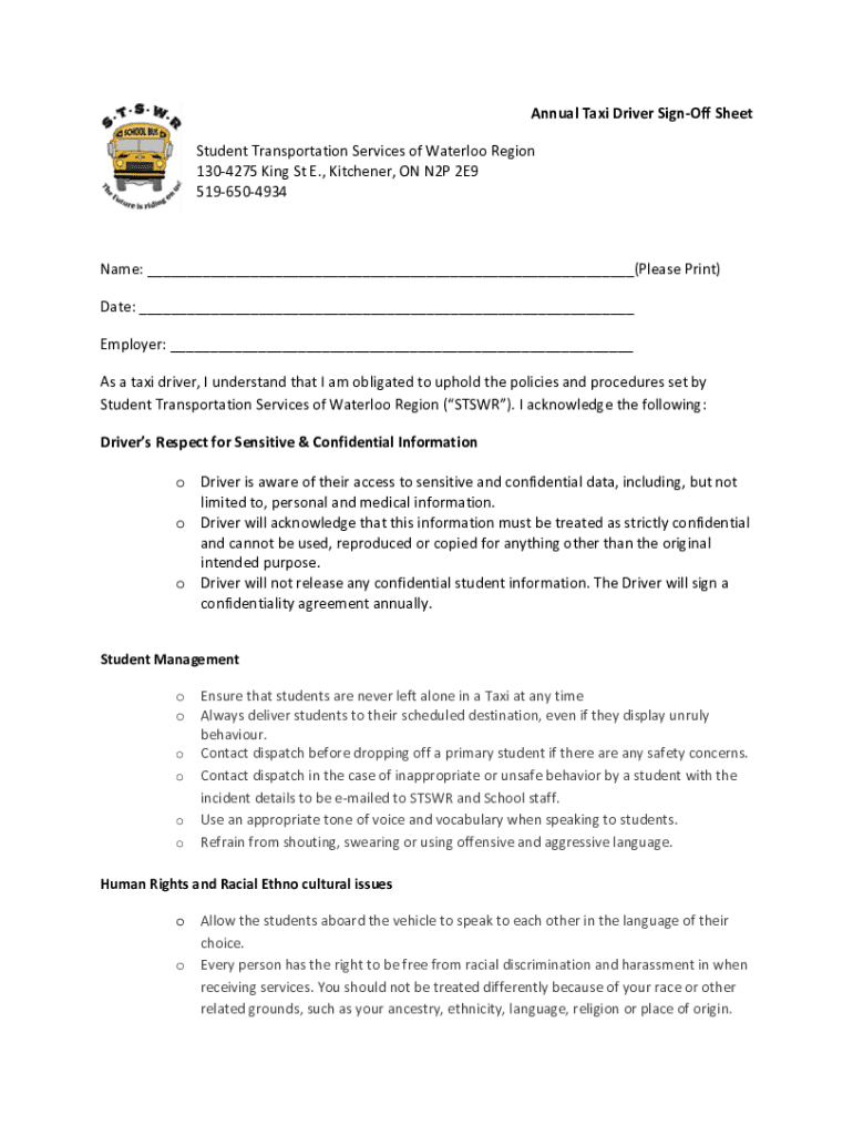 Fillable Online Annual Taxi Driver Sign-Off Sheet Fax Email Print ...