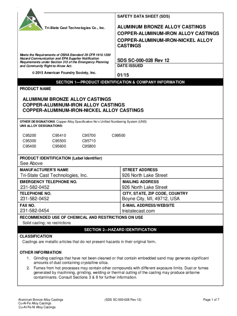 Fillable Online ALUMINUM BRONZE ALLOY CASTINGS COPPER ... Fax Email ...