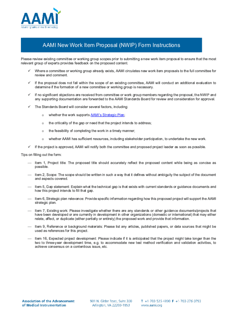 Fillable Online AAMI New Work Item Proposal (NWIP) Form Instructions ...