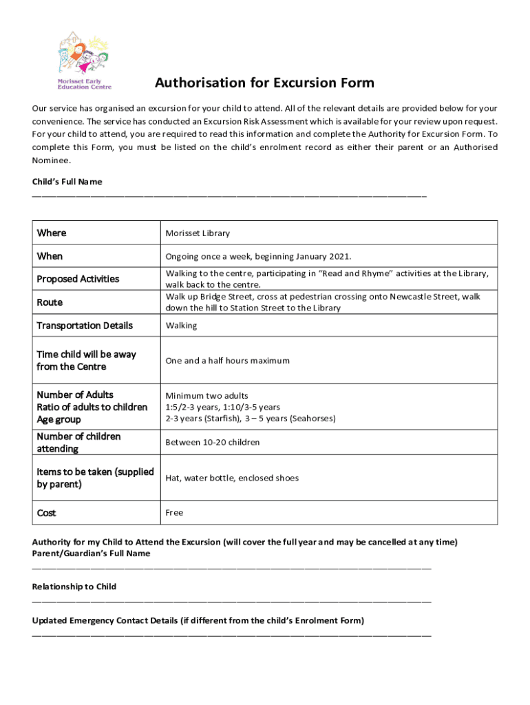 Fillable Online Our service has organised an excursion for your child ...