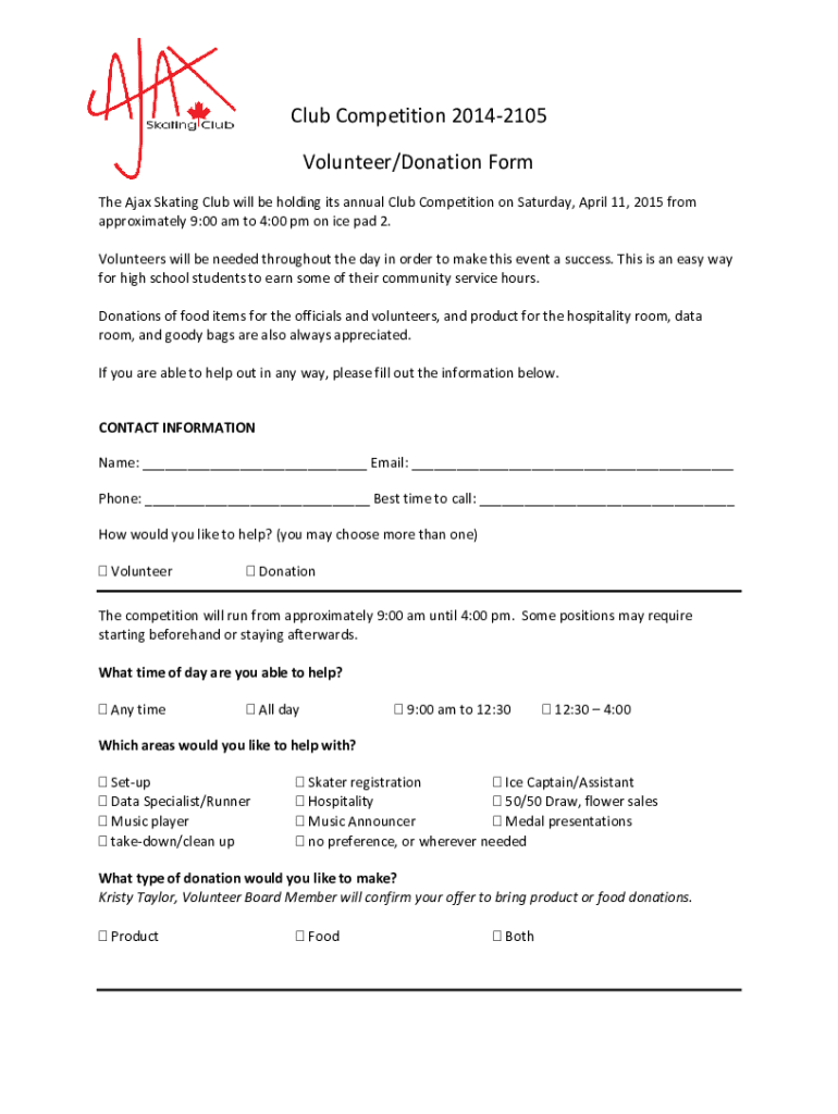 Fillable Online Club Competition 2014-2105 Volunteer/Donation Form Fax ...
