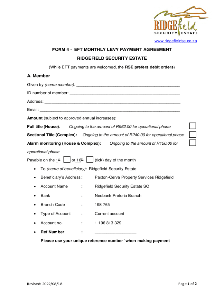 Fillable Online FORM 4 - EFT MONTHLY LEVY PAYMENT AGREEMENT ... Fax Email Print - pdfFiller