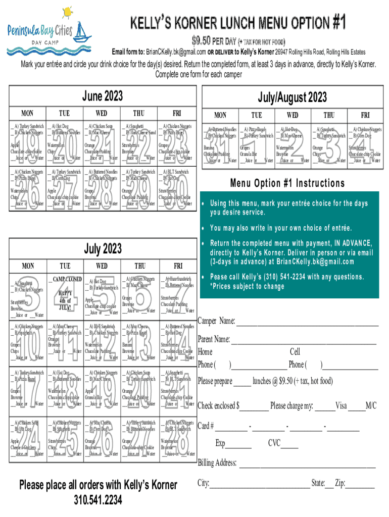 Fillable Online KELLY'S KORNER LUNCH MENU OPTION - Day Camp Fax Email ...