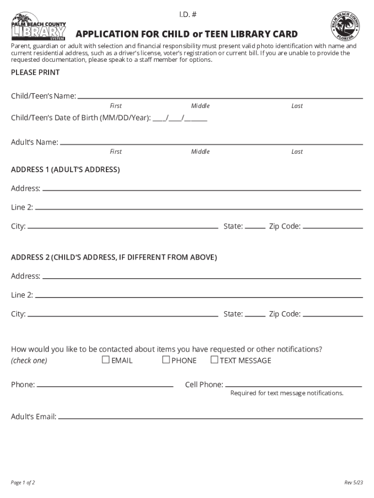 Fillable Online APPLICATION FOR CHILD or TEEN LIBRARY CARD Fax Email ...