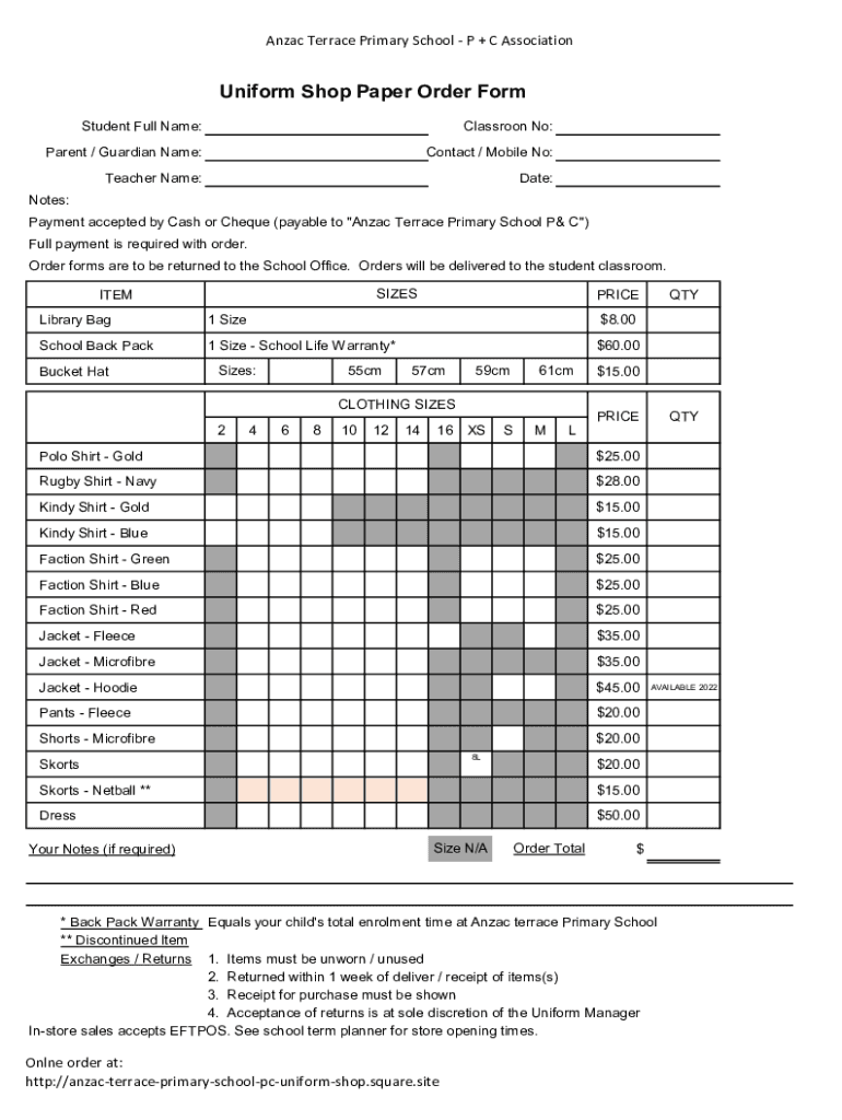 Fillable Online anzacterrace wa edu Anzac Terrace Primary School P&C ...