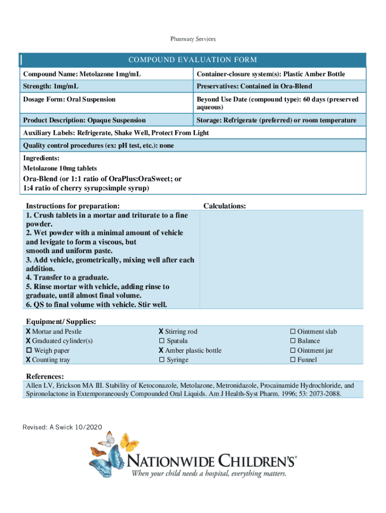 Fillable Online COMPOUND EVALUATION FORM Ora-Blend (or 1:1 ratio of ...