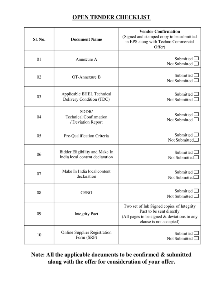 Fillable Online OPEN TENDER CHECKLIST Note: All the applicable ... Fax ...