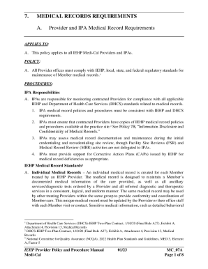 Fillable Online 7. MEDICAL RECORDS REQUIREMENTS A. Provider and IPA ...