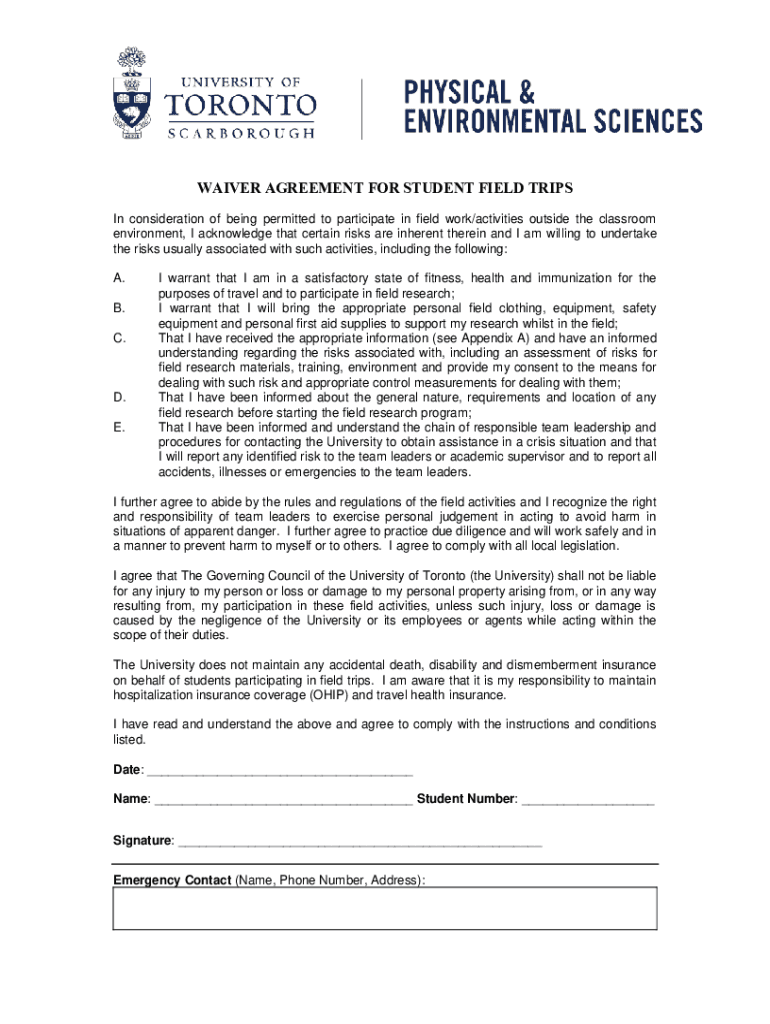 Fillable Online WAIVER AGREEMENT FOR STUDENT FIELD TRIPS Fax Email ...