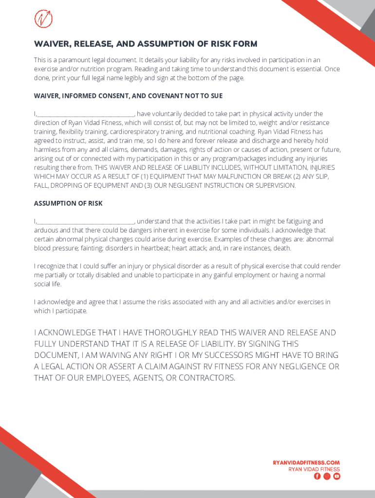 Fillable Online waiver, release, and assumption of risk form Fax Email ...