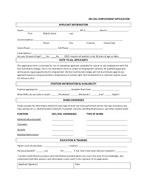 Fillable Online on call employment application applicant information ...