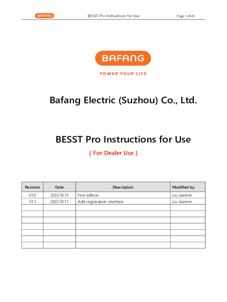 Fillable Online Bafang Electric (Suzhou) Co., Ltd. BESST Pro Instructions for Use Fax Email ...