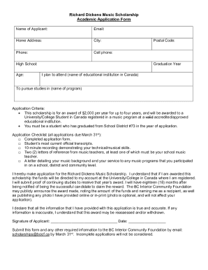Fillable Online Richard Dickens Music Scholarship Academic Application ...