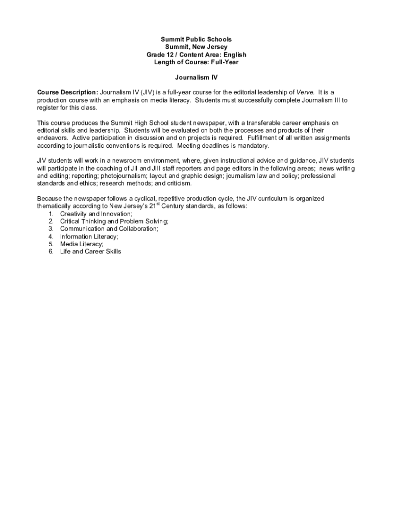 Fillable Online English Length of Course: Full-Year Journalism IV ...