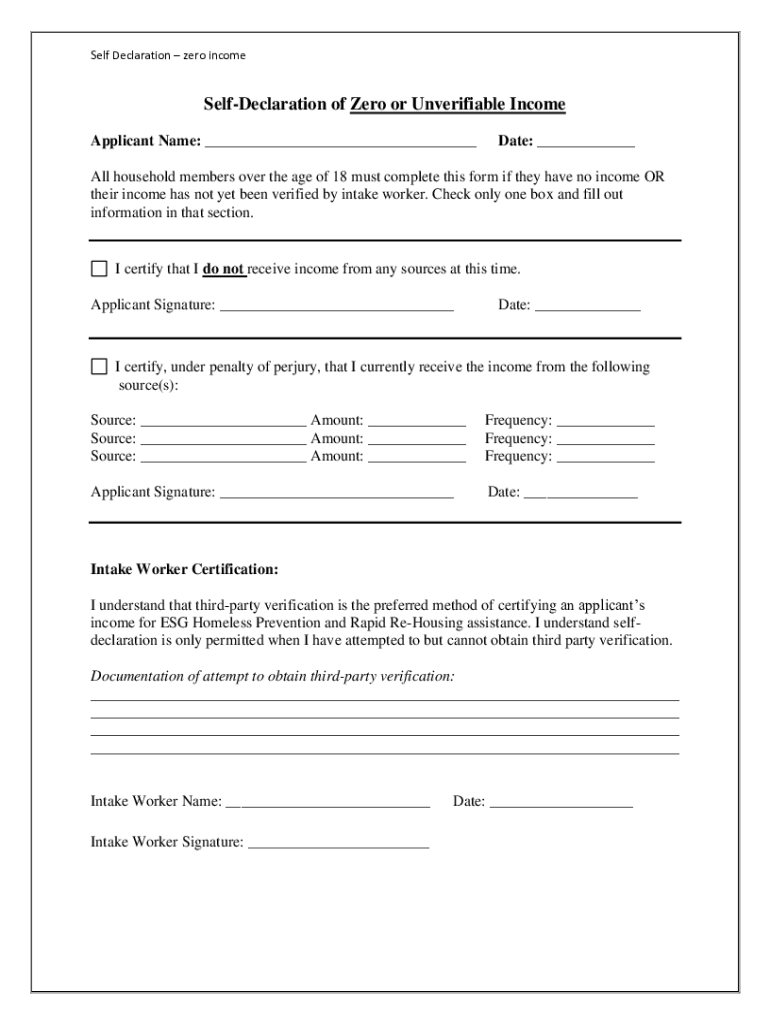Fillable Online Zero Income Self-Declaration Form Fax Email Print ...