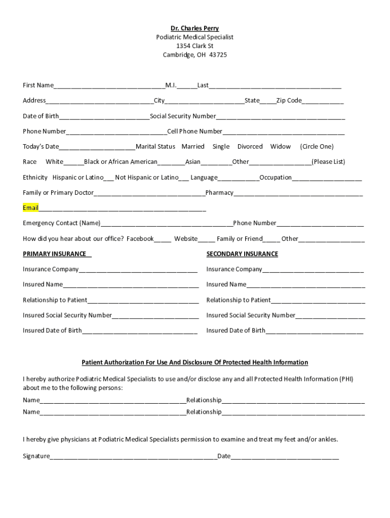 Fillable Online Dr. Charles Perry Podiatric Medical Specialist 1354 ...