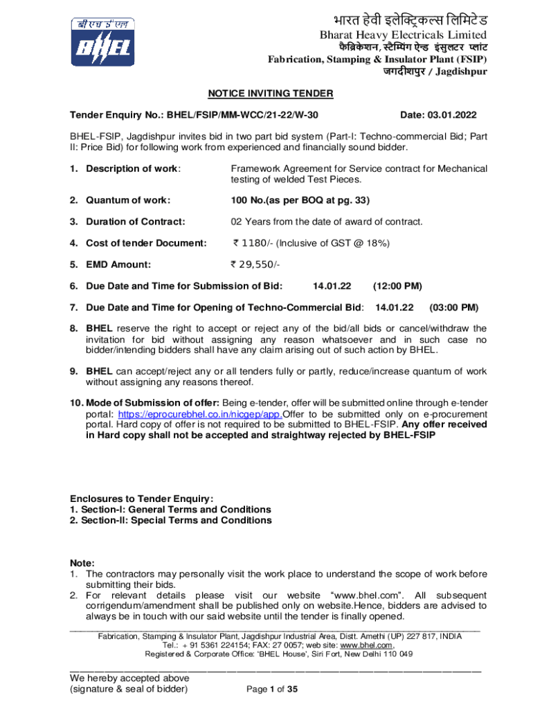 Fillable Online : BHEL/FSIP/MM-WCC/21-22/W-30 Fax Email Print - pdfFiller