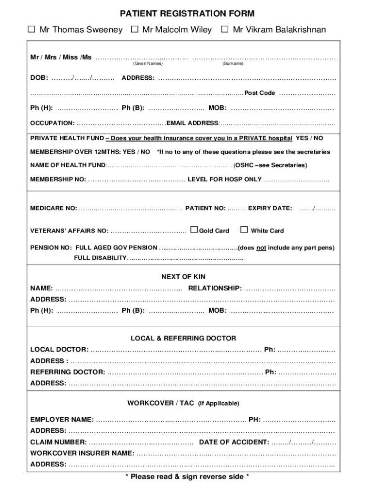 Fillable Online PATIENT REGISTRATION FORM Mr Thomas Sweeney ... Fax Email Print - pdfFiller