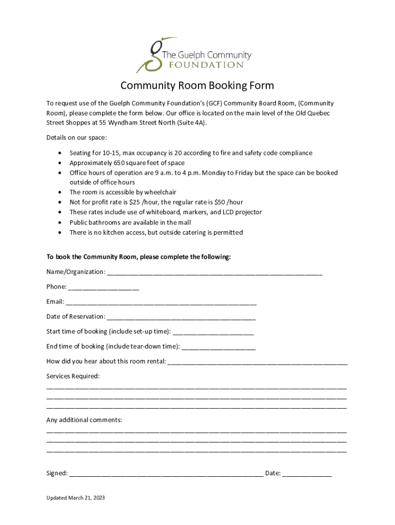 Fillable Online Community Center Room Booking Form Template Fax Email ...
