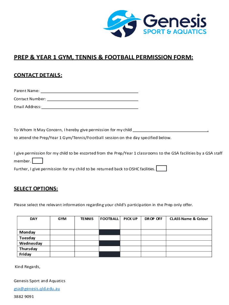 Fillable Online prep & year 1 gym, tennis & football permission form ...