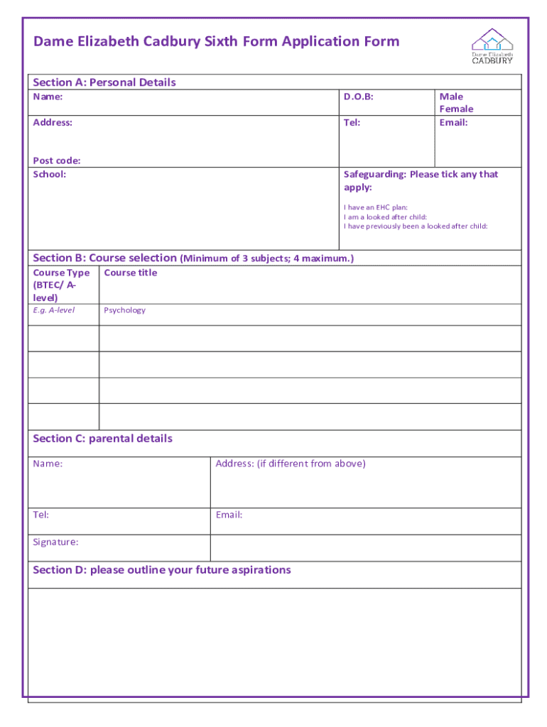Fillable Online Dame Elizabeth Cadbury Sixth Form Application Form Fax ...