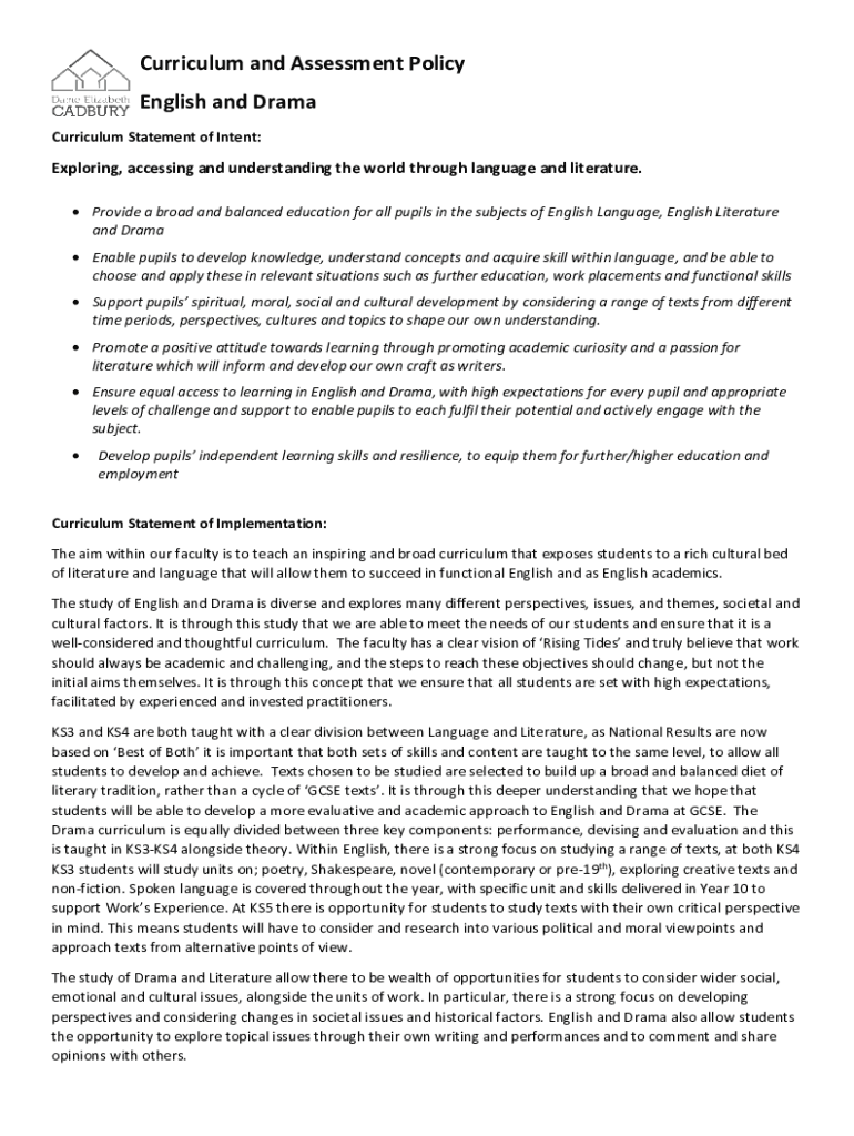 Fillable Online Curriculum and Assessment Policy Template English and ...