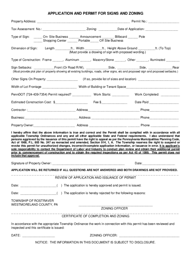 Fillable Online APPLICATION AND PERMIT FOR SIGNS AND ZONING Fax Email ...
