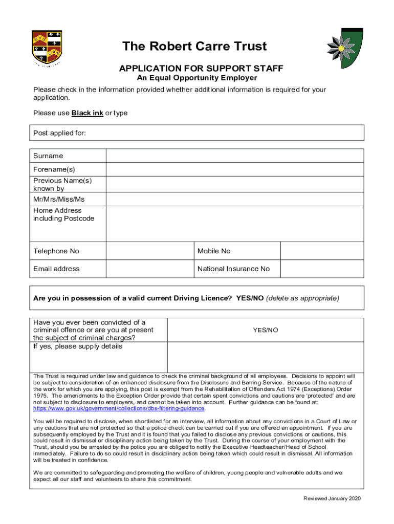 Fillable Online Application For Support Staff Post (RCT - Carre's) Fax ...