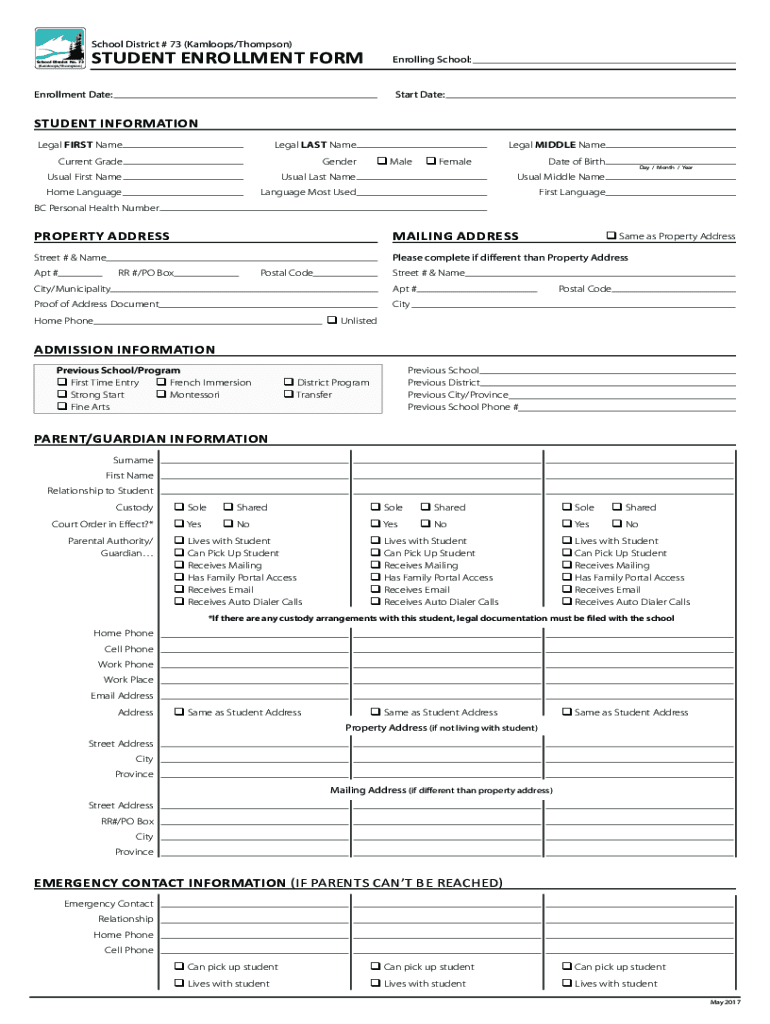Fillable Online wss sd73 bc STUDENT ENROLLMENT FORM Enrolling School ...