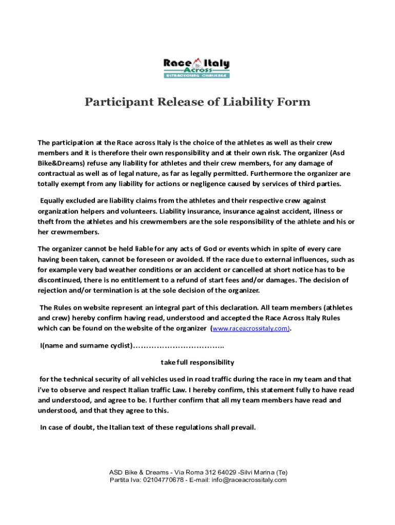 Fillable Online Participant Release of Liability Form Fax Email Print - pdfFiller
