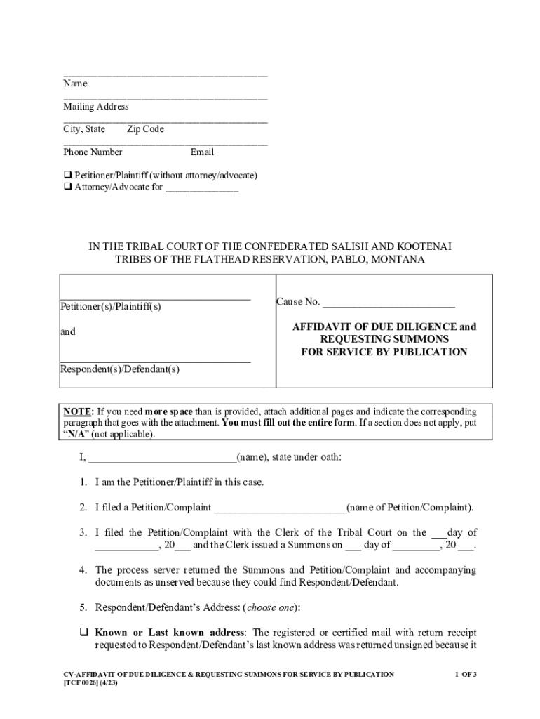 Fillable Online TCF 0026 CV-Affidavit of Due Diligence and Requesting ...