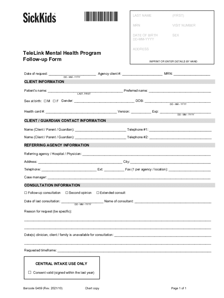 Fillable Online Telelink Mental Health Program Follow-up Form Fax Email ...