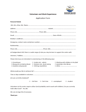 Fillable Online Volunteer and work experience application form. Volunteer and work experience ...