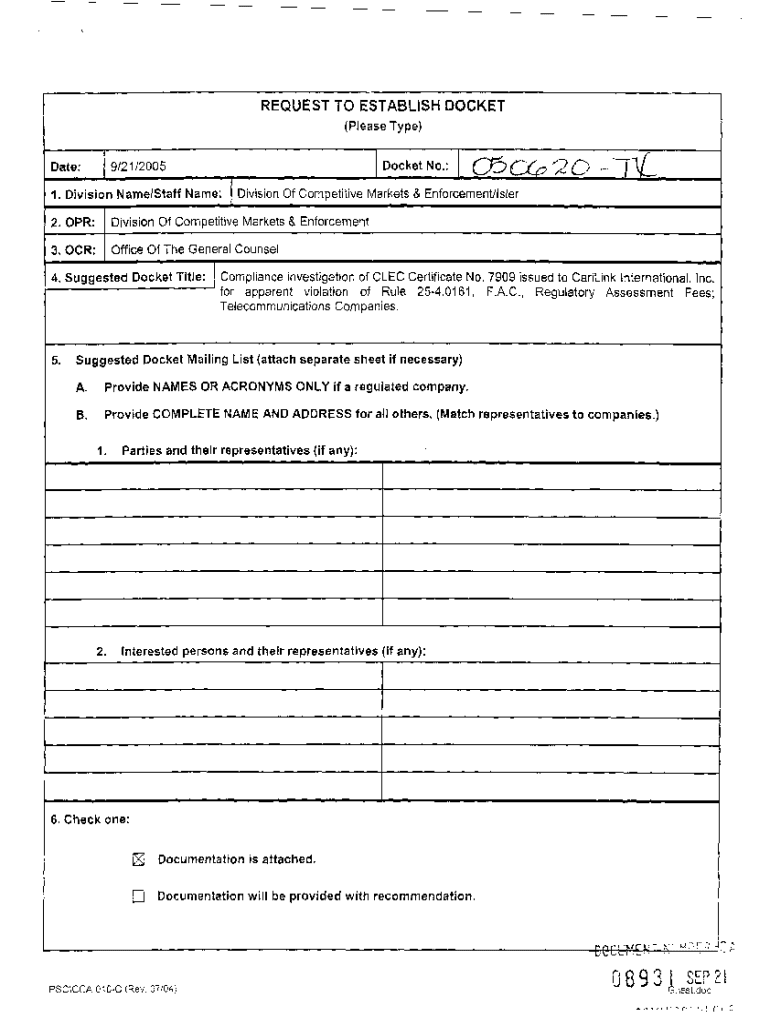 Fillable Online REQUEST TO ESTABLISH DOCKET 3. OCR: Fax Email Print ...
