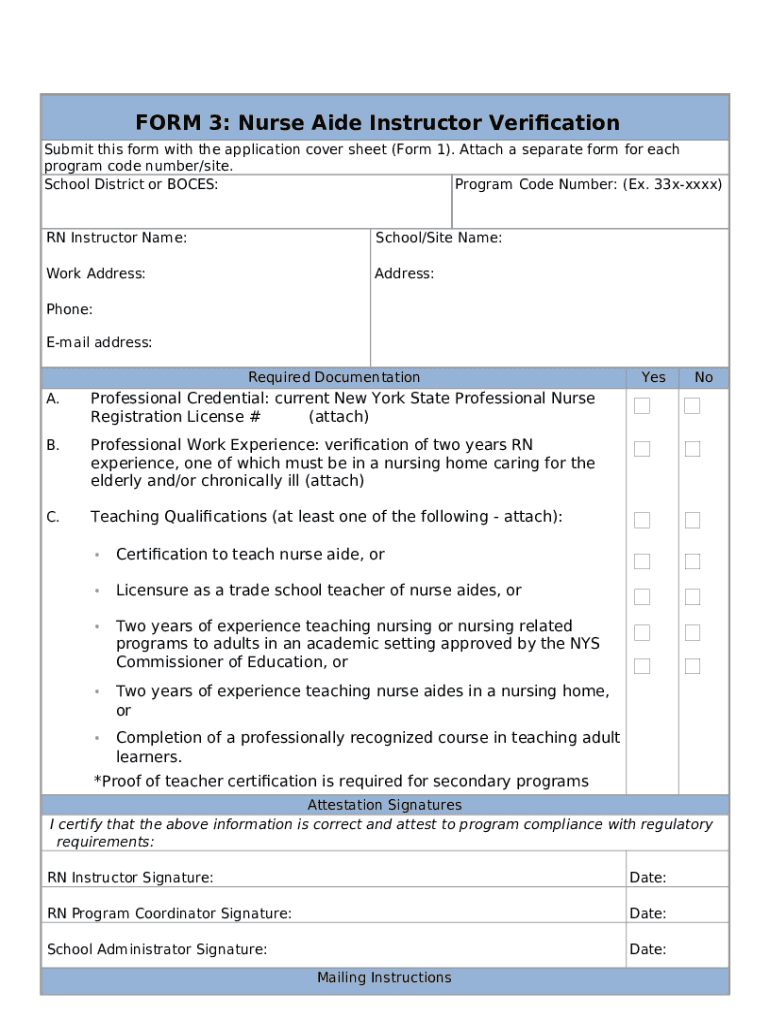NA 3 Nurse Aide Instructor Verification. CTE Doc Template | pdfFiller