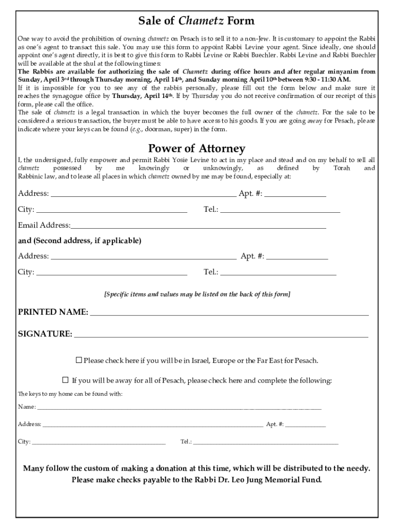 Fillable Online Sale of Chametz Form Power of Attorney Fax Email Print - pdfFiller